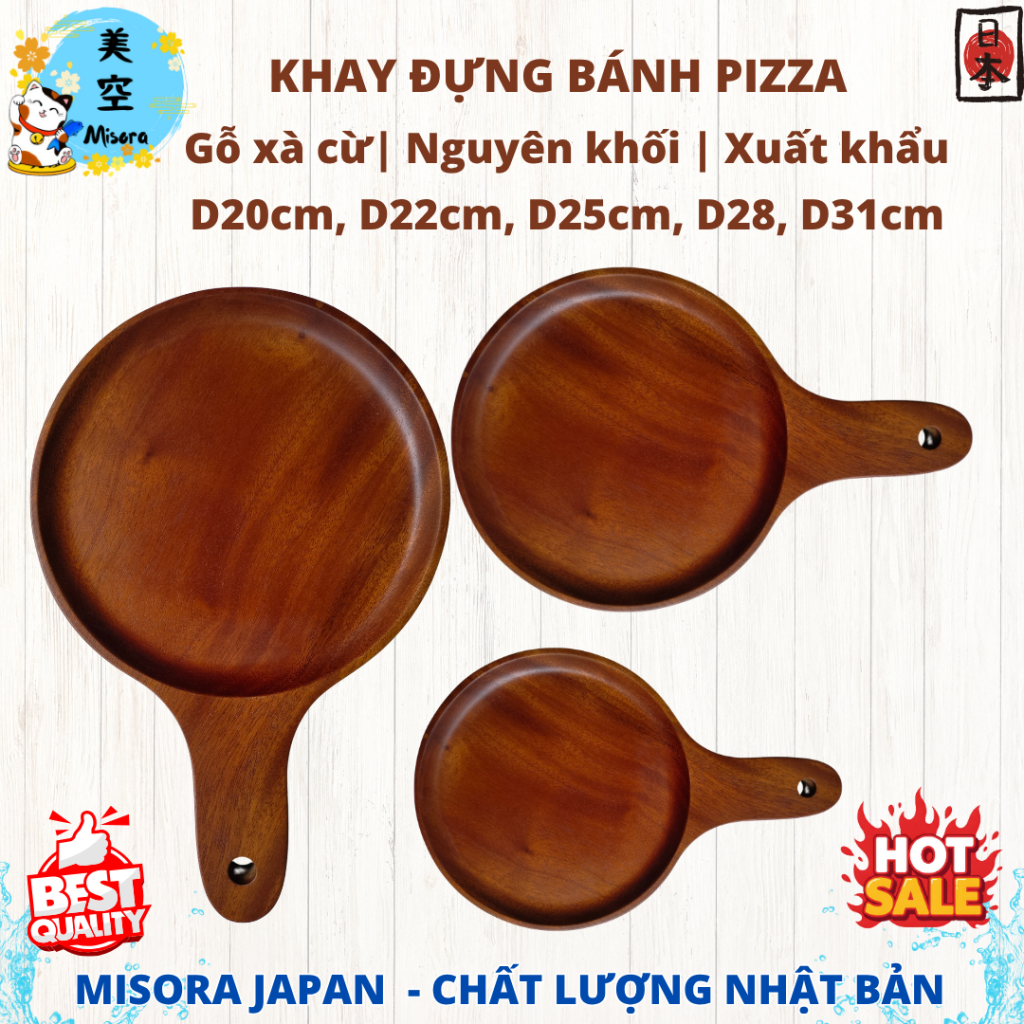 Khay đựng bánh pizza có tay cầm gỗ nguyên khối - Misorajapan.com