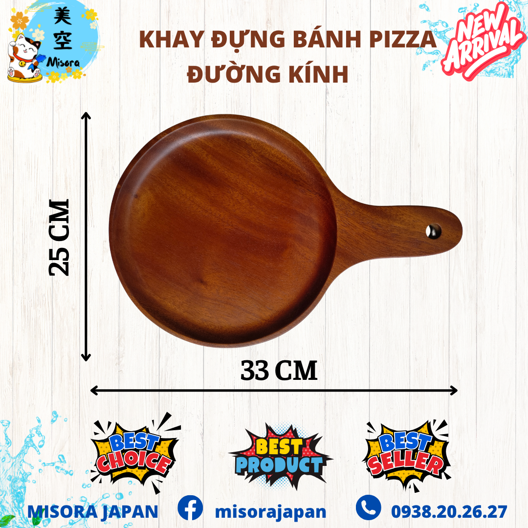 Khay đựng bánh pizza có tay cầm gỗ nguyên khối - Misorajapan.com